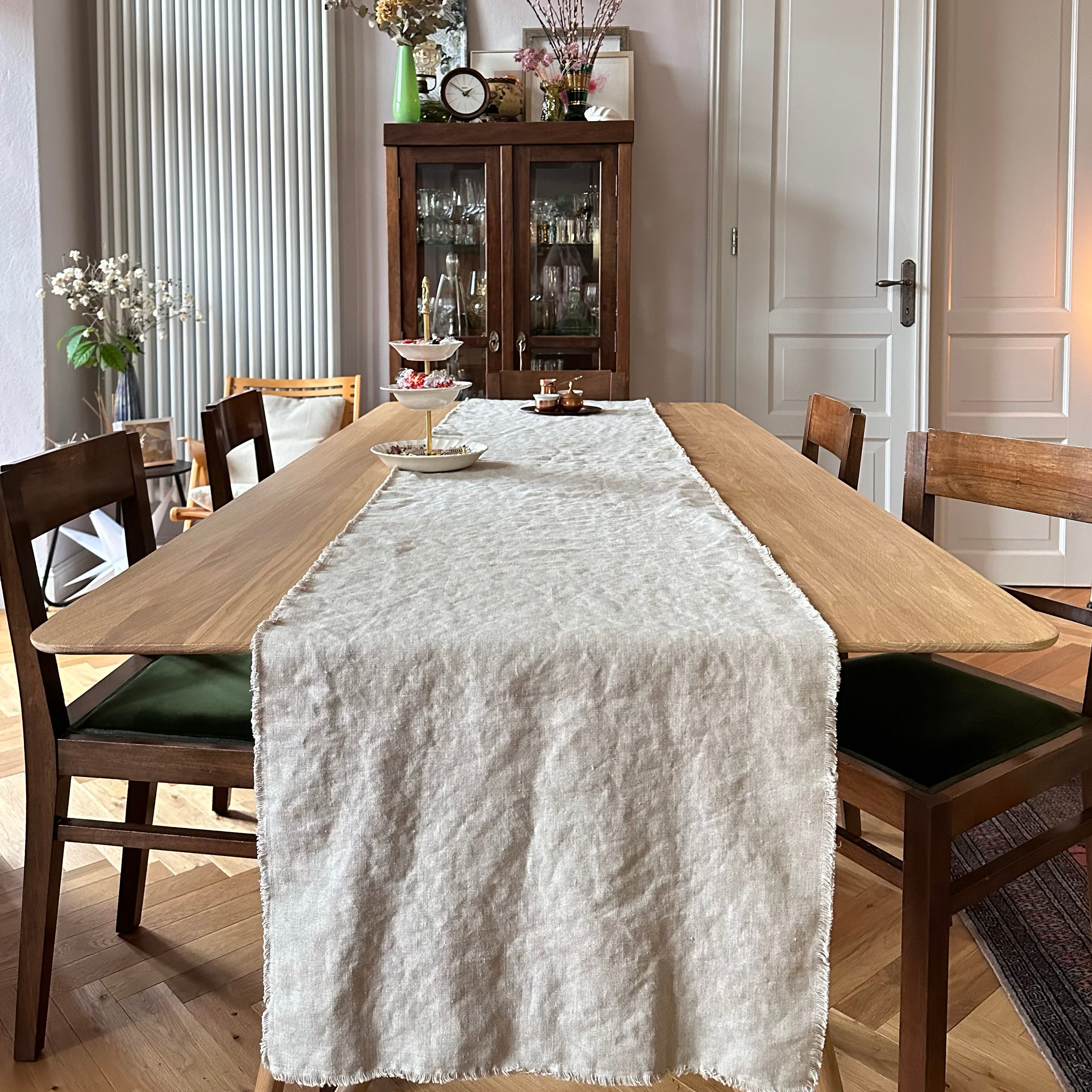 Linen table runner natural gray double layer with fringe | Buy table ...